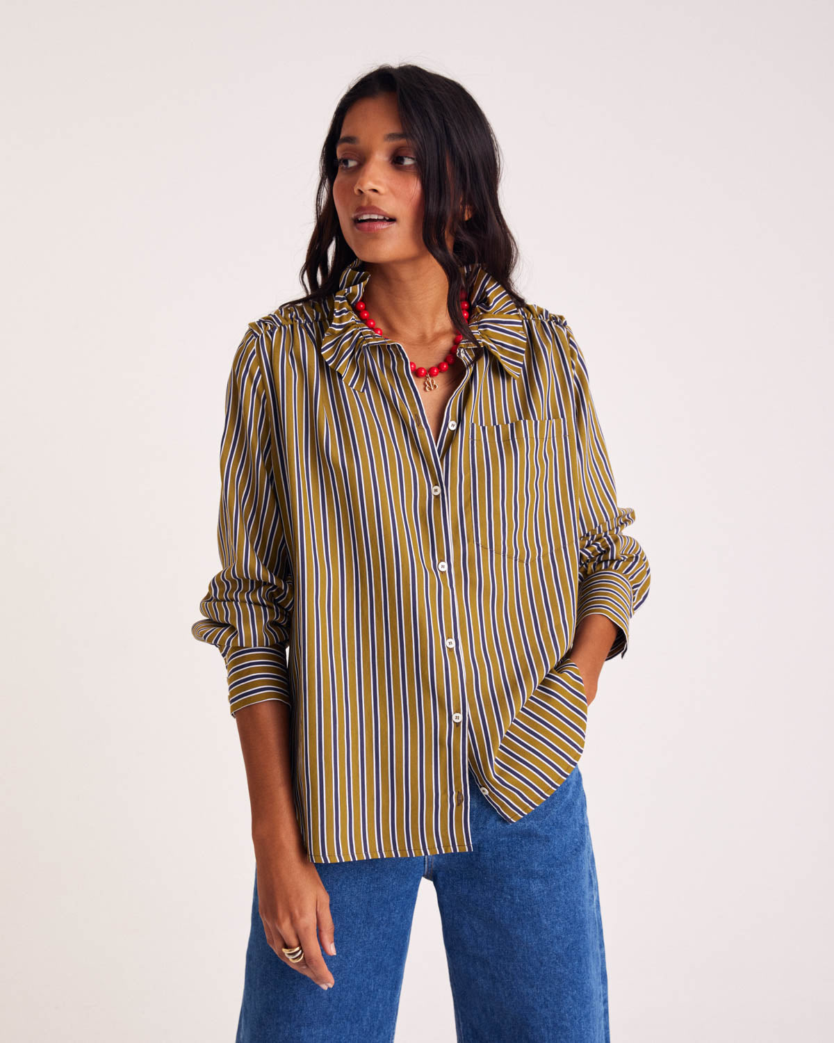 Chemise Léonor Rayures Kaki et Marines - Balzac Paris