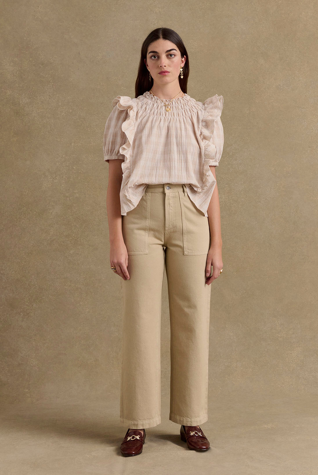 Amia beige and white check blouse - Balzac Paris