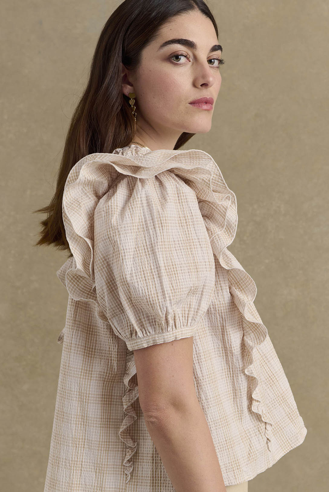 Amia beige and white check blouse - Balzac Paris