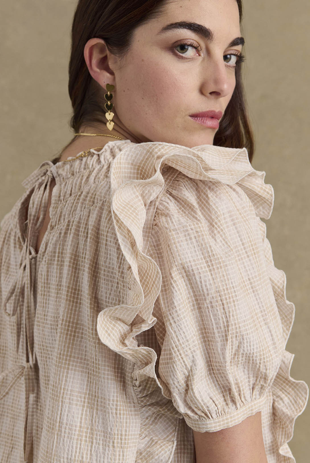 Amia beige and white check blouse - Balzac Paris