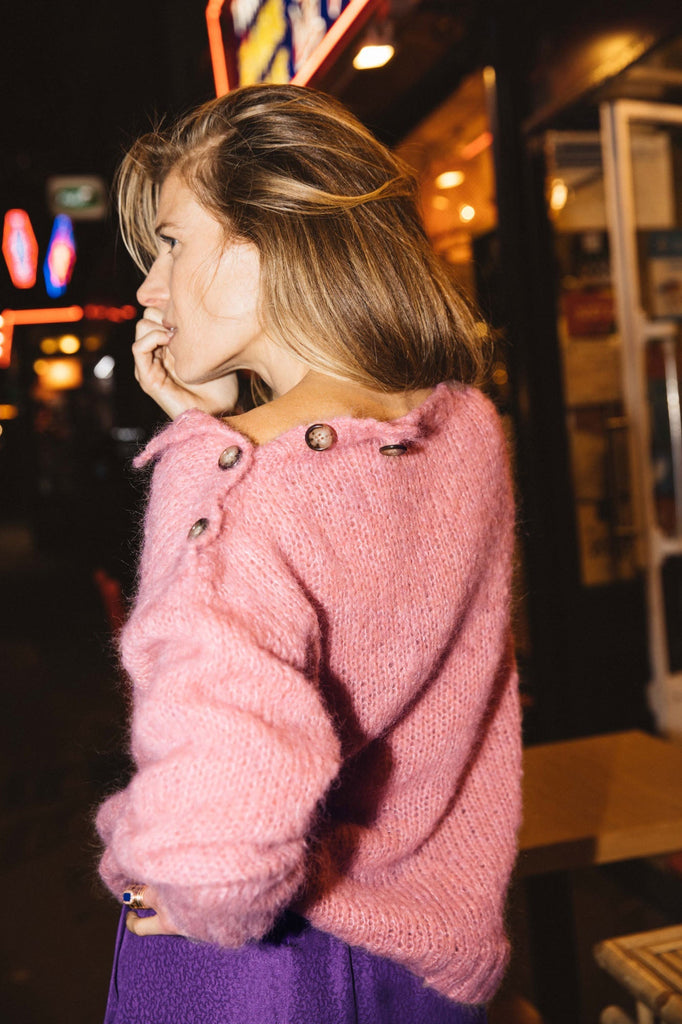 Pink knit sweater with horn effect buttons in mohair and alpaca Nolan ...