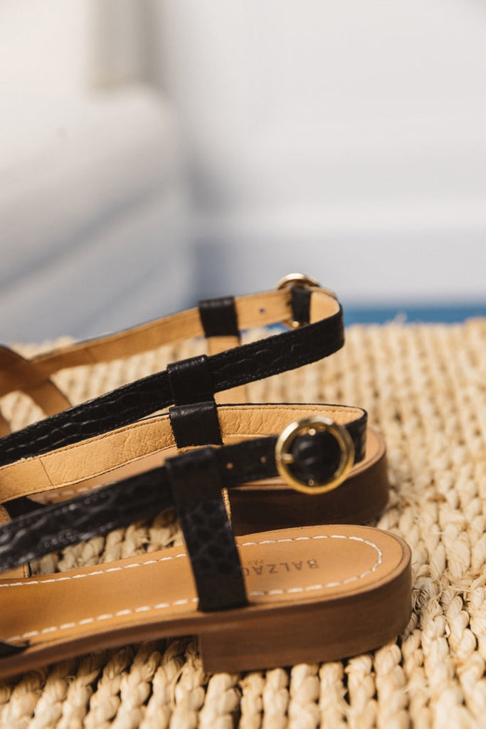 Zagara sandals black embossed leather low heel summer - Balzac Paris