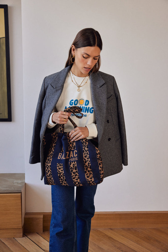 Navy and leopard striped tote bag - Balzac Paris