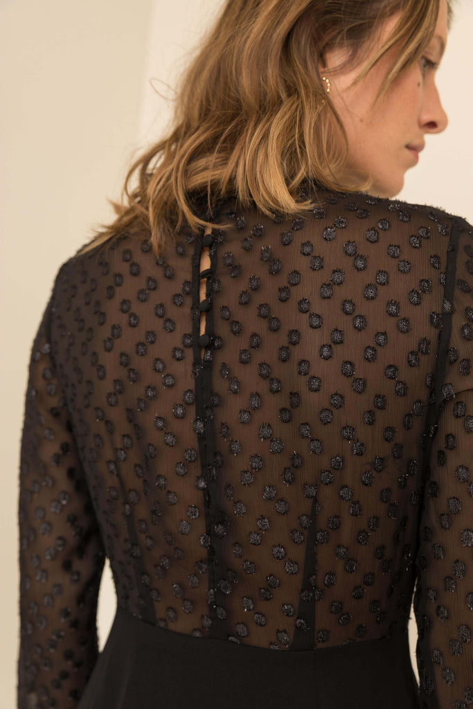 Robe Angela noire bi-matière plumetis tencel responsable - Balzac Paris